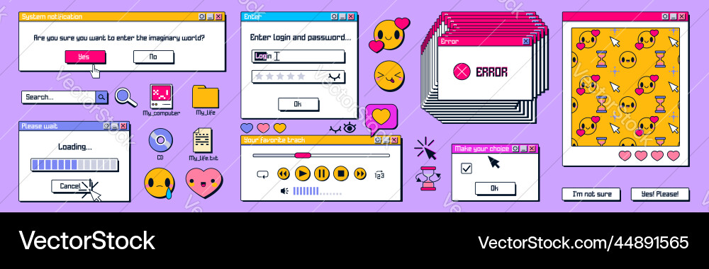 Y2k windows retro screens in retrowave style Vector Image