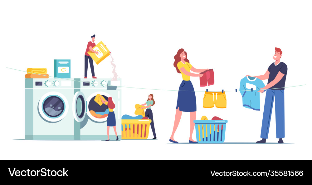 Tiny male female characters visiting laundry Vector Image