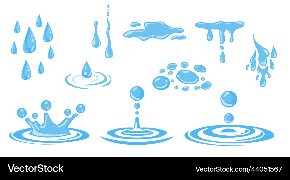 Set blauer Wassertropfen Spritzer isoliert Vektorbild
