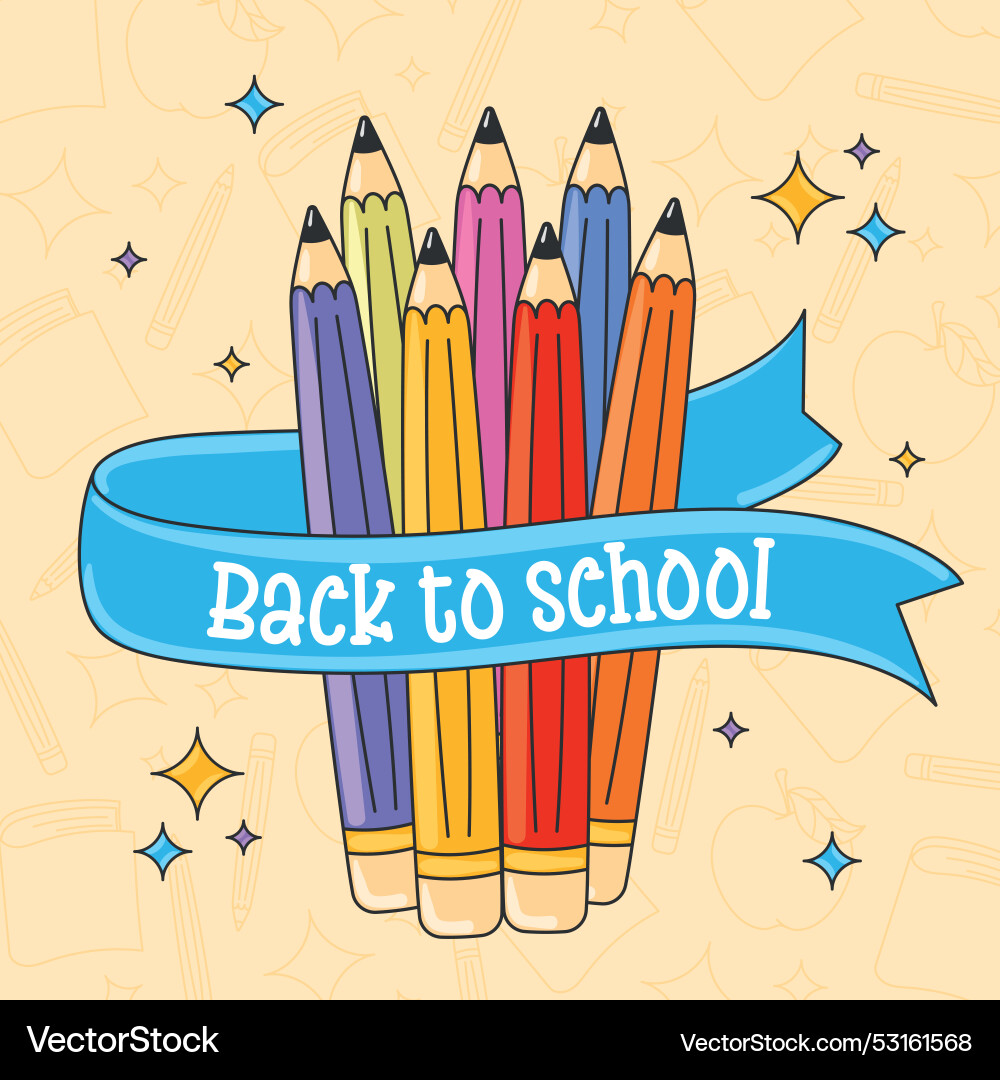Colored pencils with back to school blue ribbon Vector Image