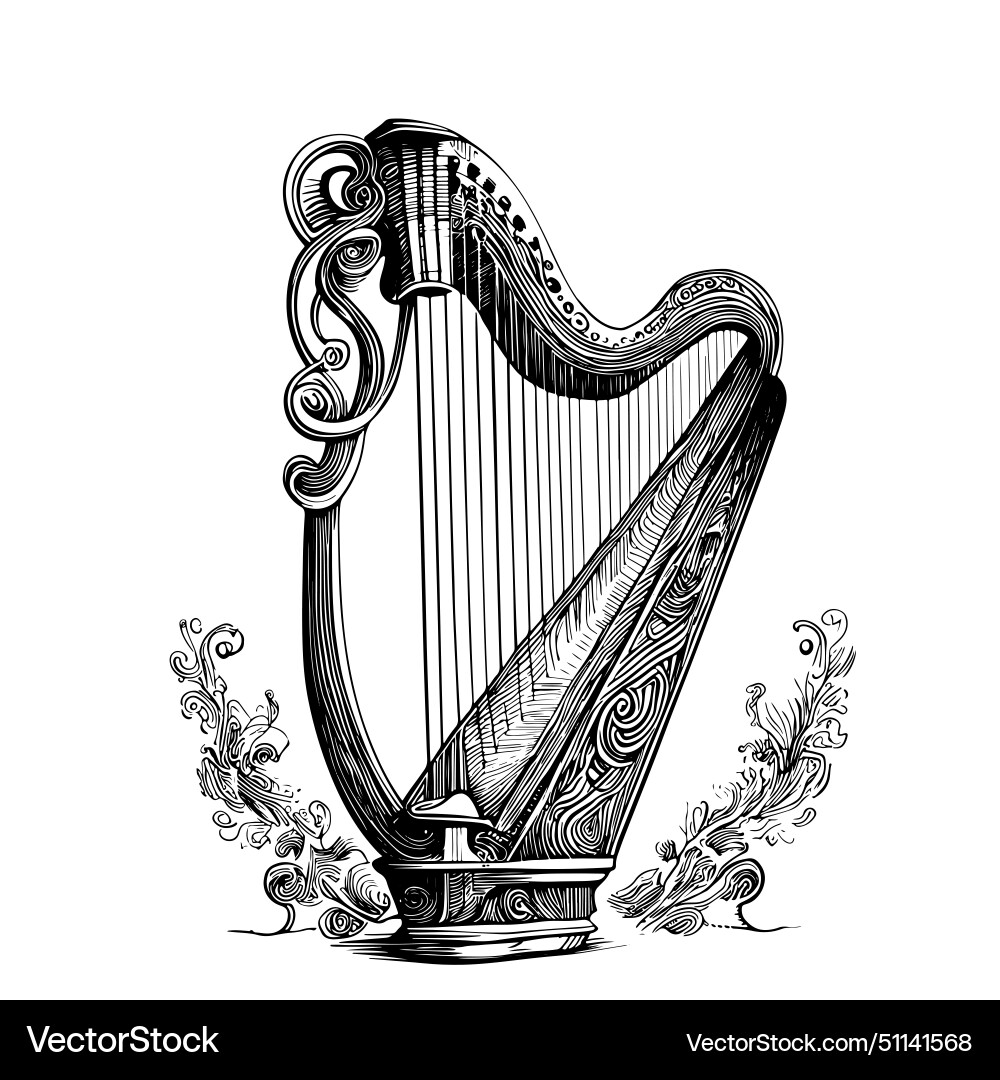 Vintage harp sketch hand drawn Royalty Free Vector Image