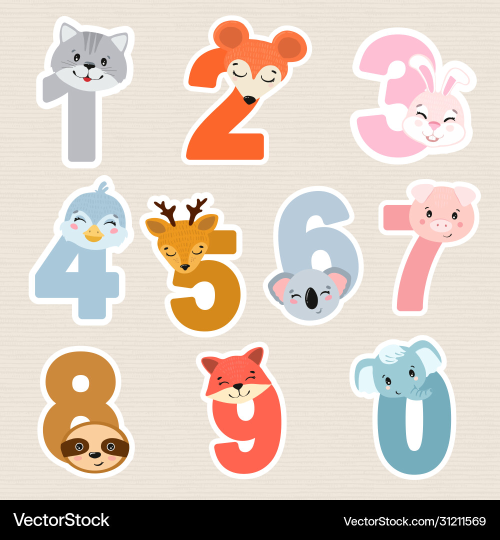 Set children numbers with animals Royalty Free Vector Image