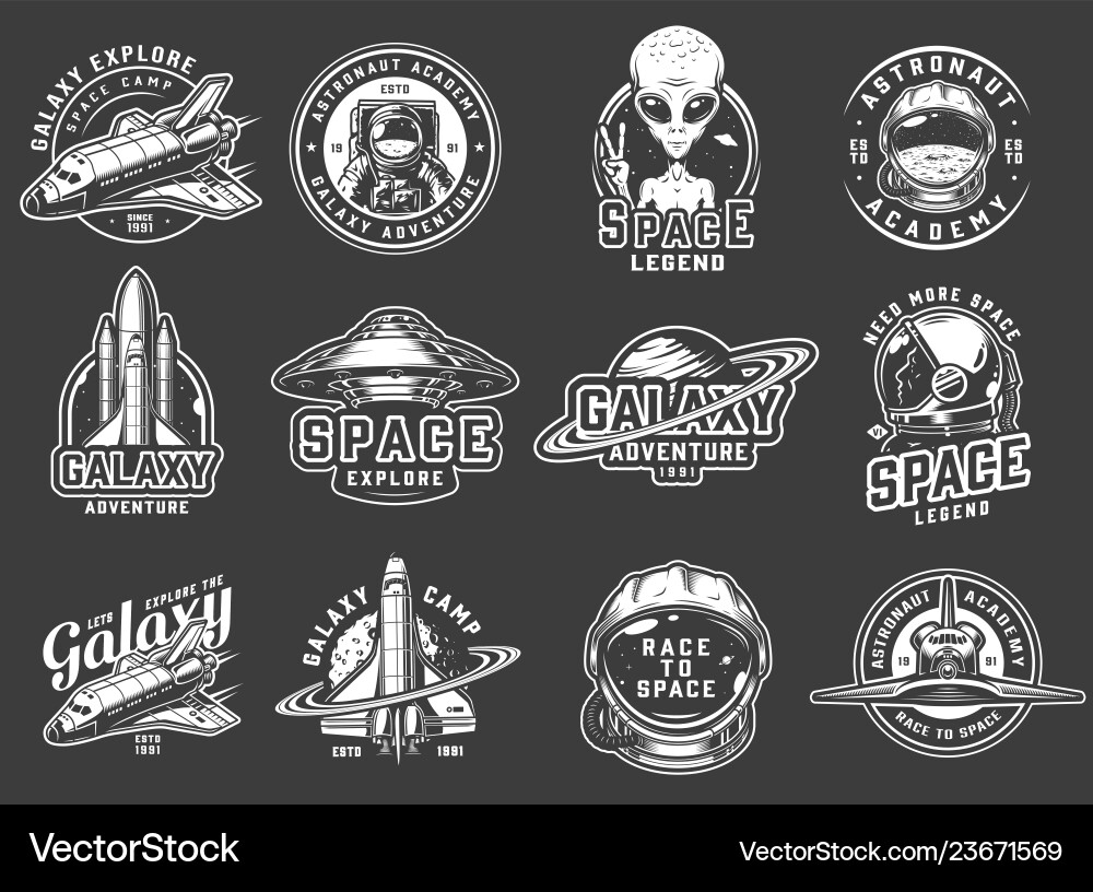 Vintage space exploration logos set Royalty Free Vector