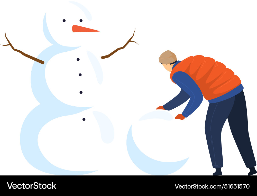 Man constructing giant snow human figure outdoor Vector Image