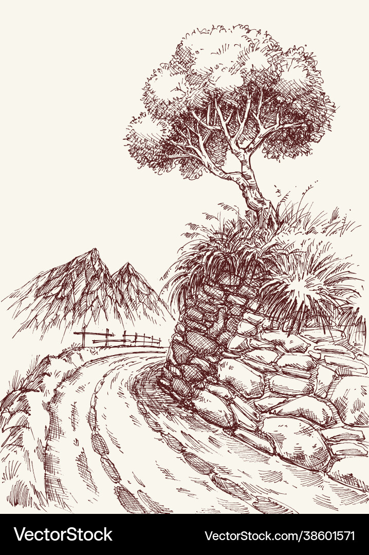 Nature drawing mountains landscape a narrow Vector Image