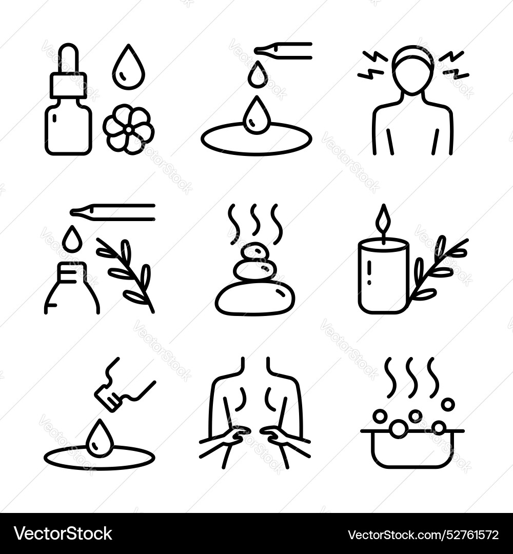 Essential oils aromatherapy flat line icons set Vector Image
