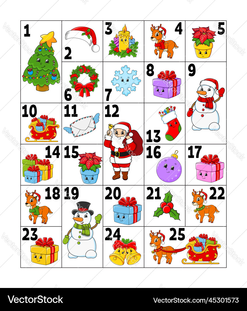 Christmas advent calendar with cute characters Vector Image