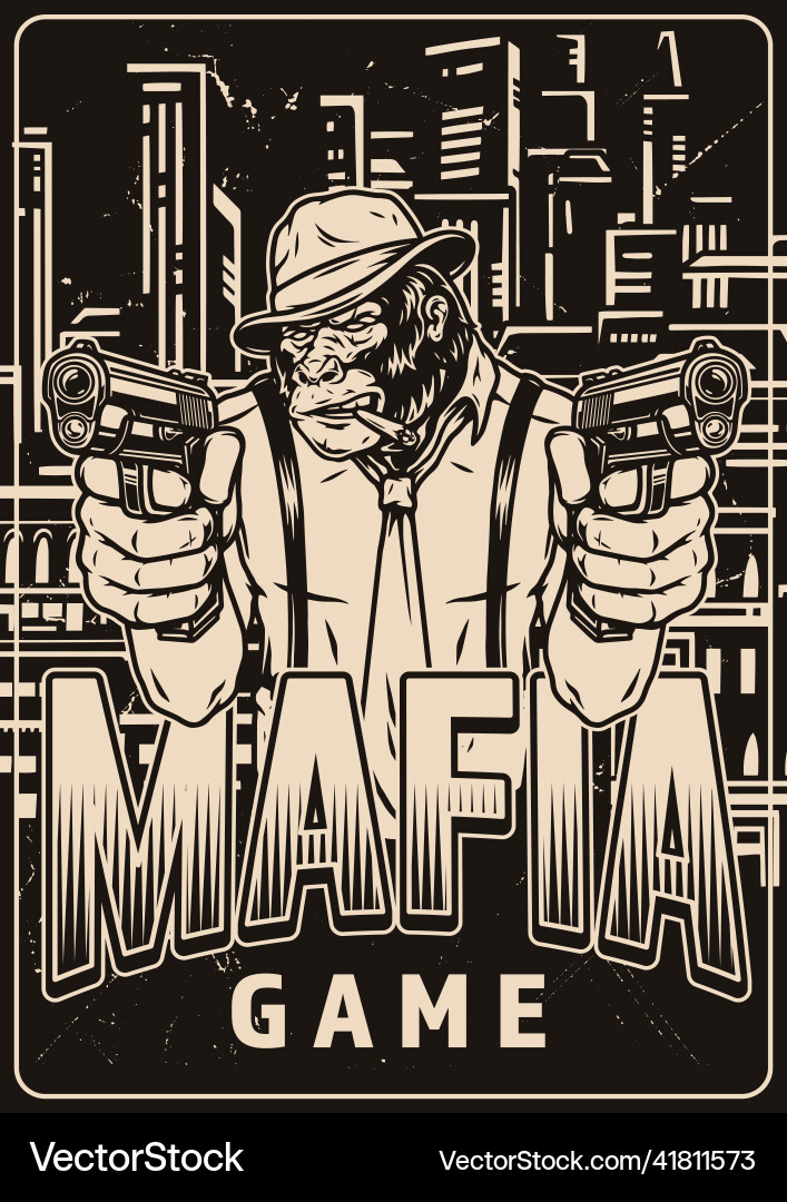 Mafia game monochrome poster with gorilla Vector Image