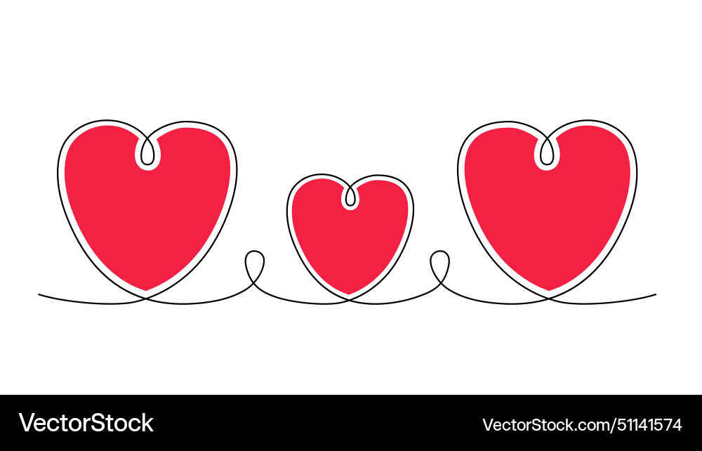 Continuous line drawing of three hearts Royalty Free Vector
