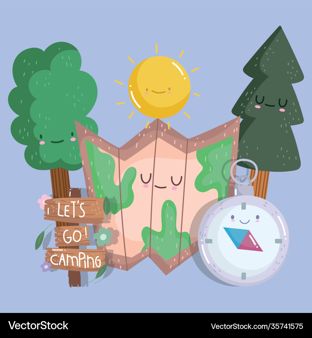 Camping forest trees map and cpmpass in cartoon Vector Image