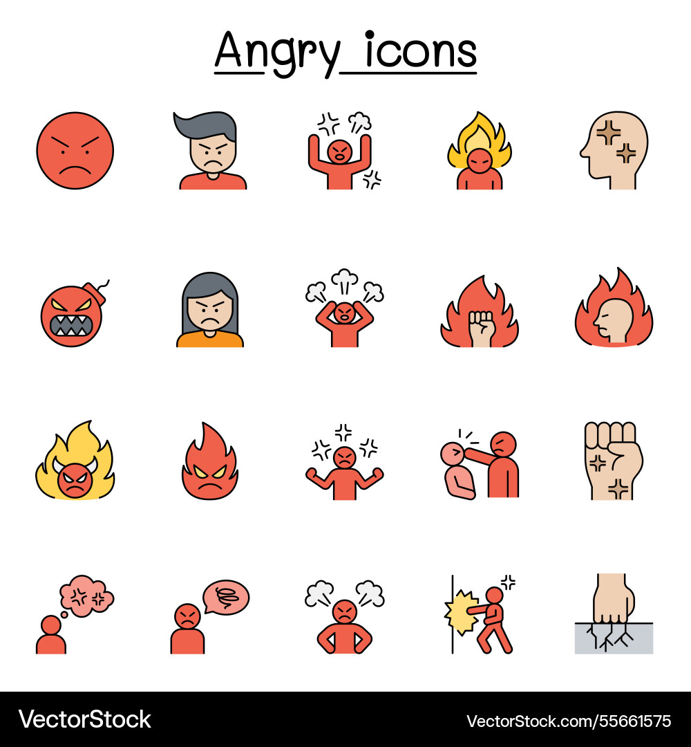 Set of angry related icon contains Royalty Free Vector Image