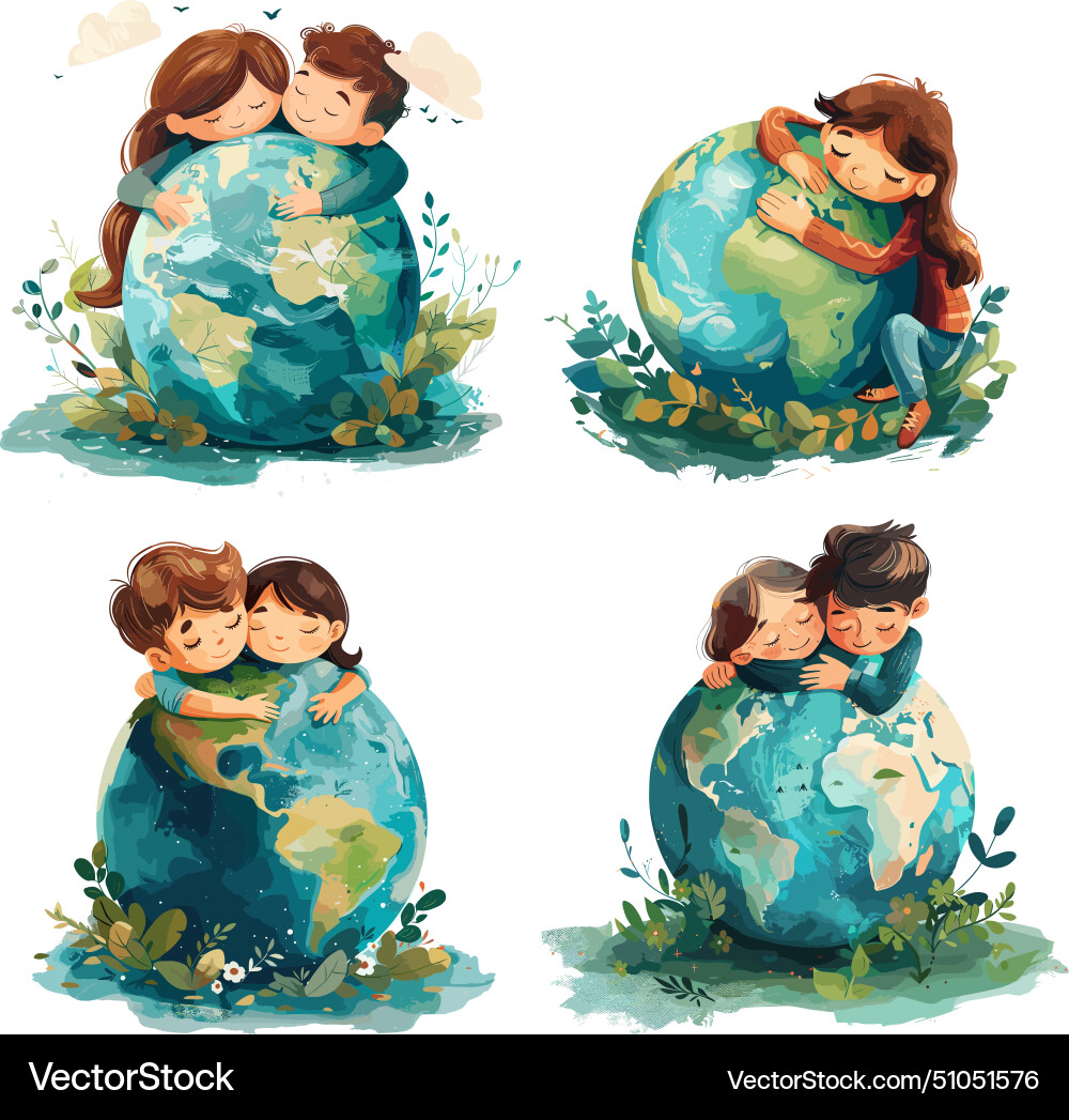 Hugging planet concept cute child hug planets Vector Image