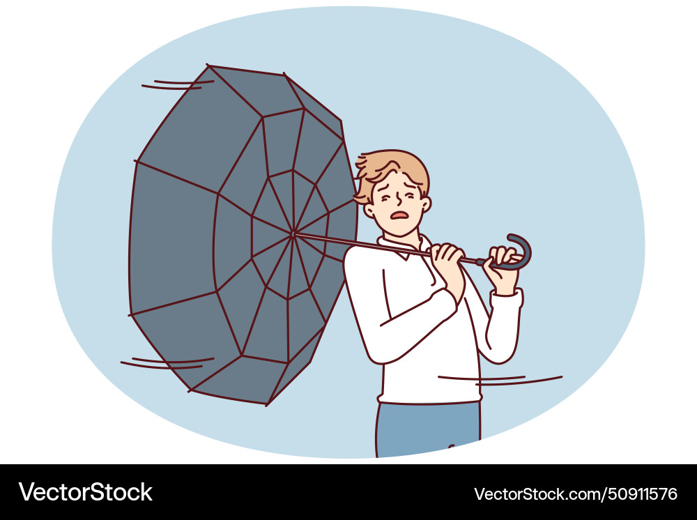 Man with umbrella turned backwards walks down Vector Image