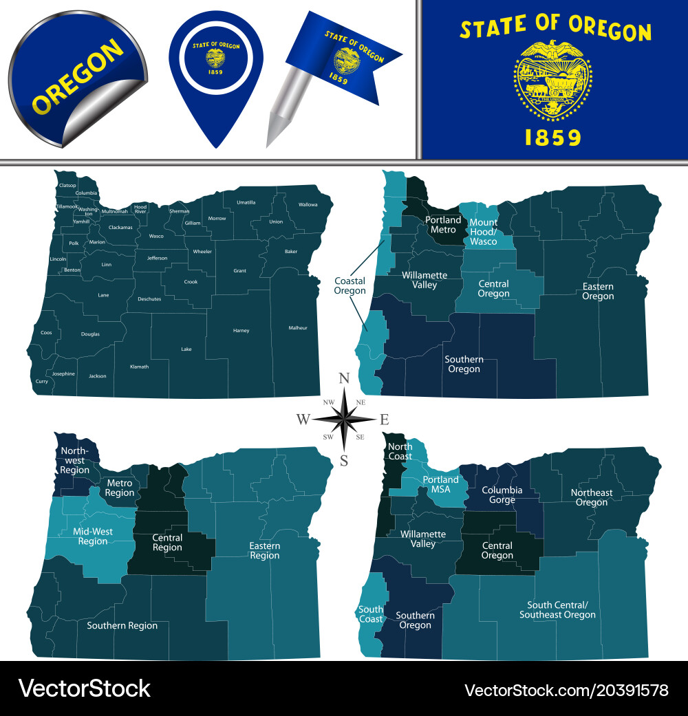 Map of oregon with regions Royalty Free Vector Image