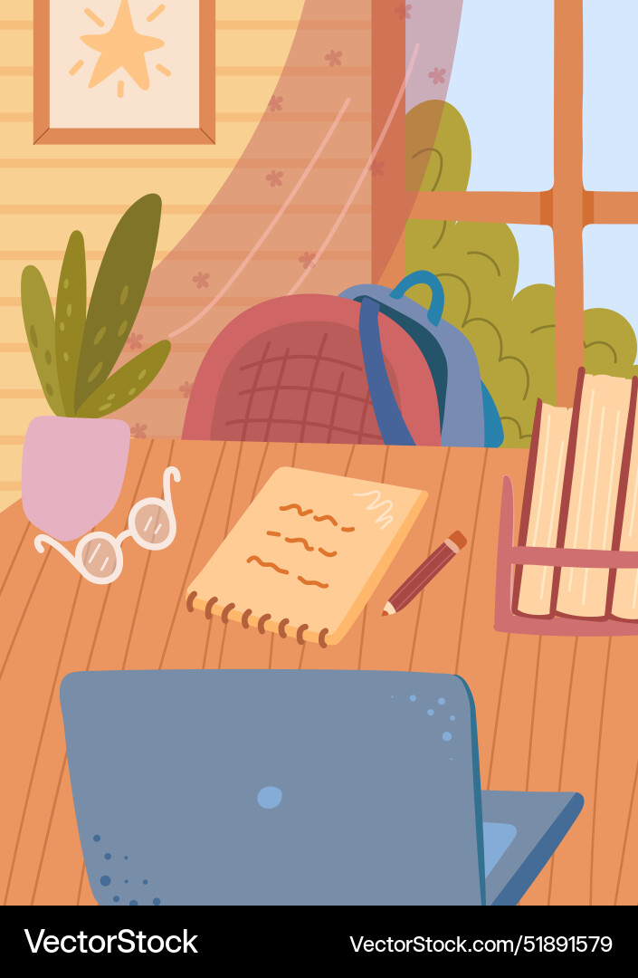 Study room interior desk with laptop notes Vector Image