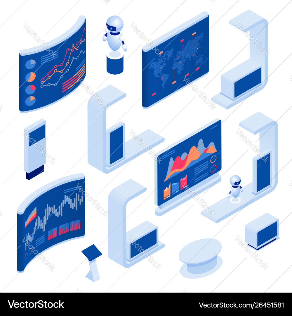 Isometric expo stands exhibition demonstration Vector Image