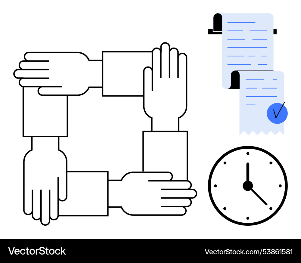 Team collaboration symbol with documents and clock