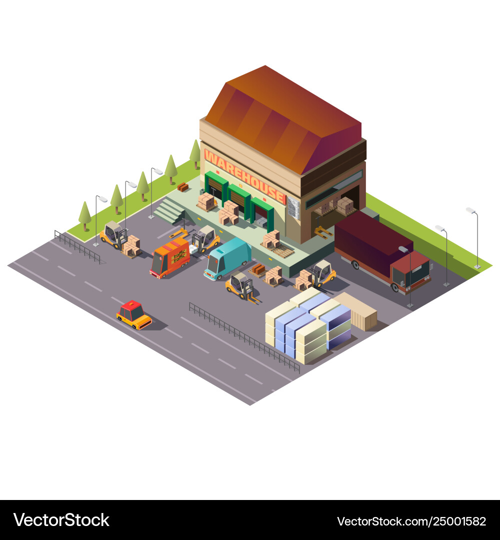 Commercial warehouse building isometric Royalty Free Vector