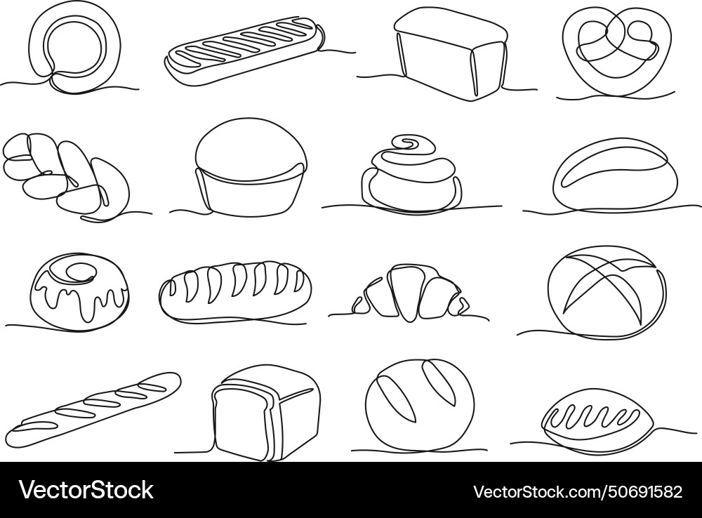 Continuous one line bakery products hand drawn Vector Image