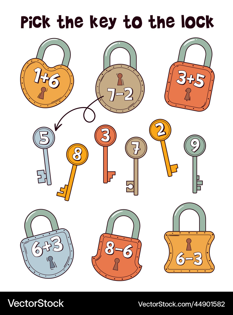 Pick the key to lock educational math game Vector Image