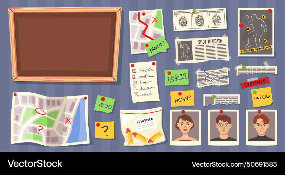 Cartoon detective board elements investigation Vector Image