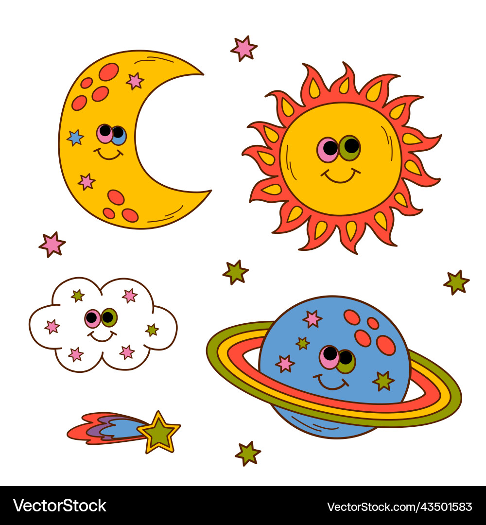 Cute Sun, Moon & Planet Stickers Royalty Free Vector