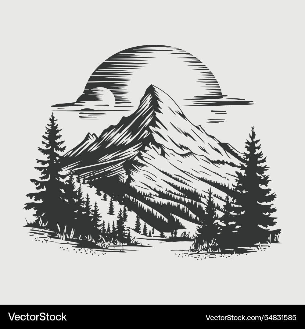 Majestic mountain peak with forest and sun Vector Image