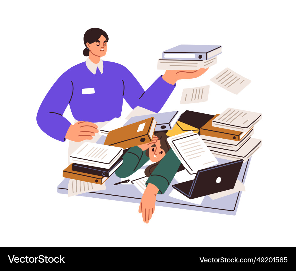 Work overload paperwork concept employee in pile Vector Image