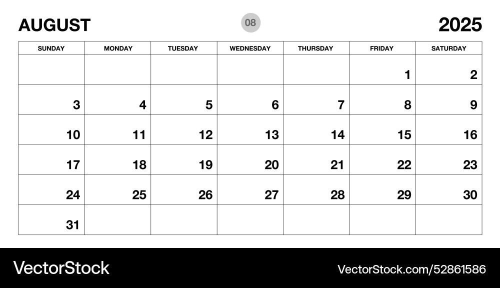 August 2025 year planner template calendar Vector Image