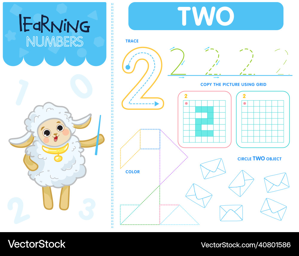 Worksheet for learning numbers number 2 kids Vector Image