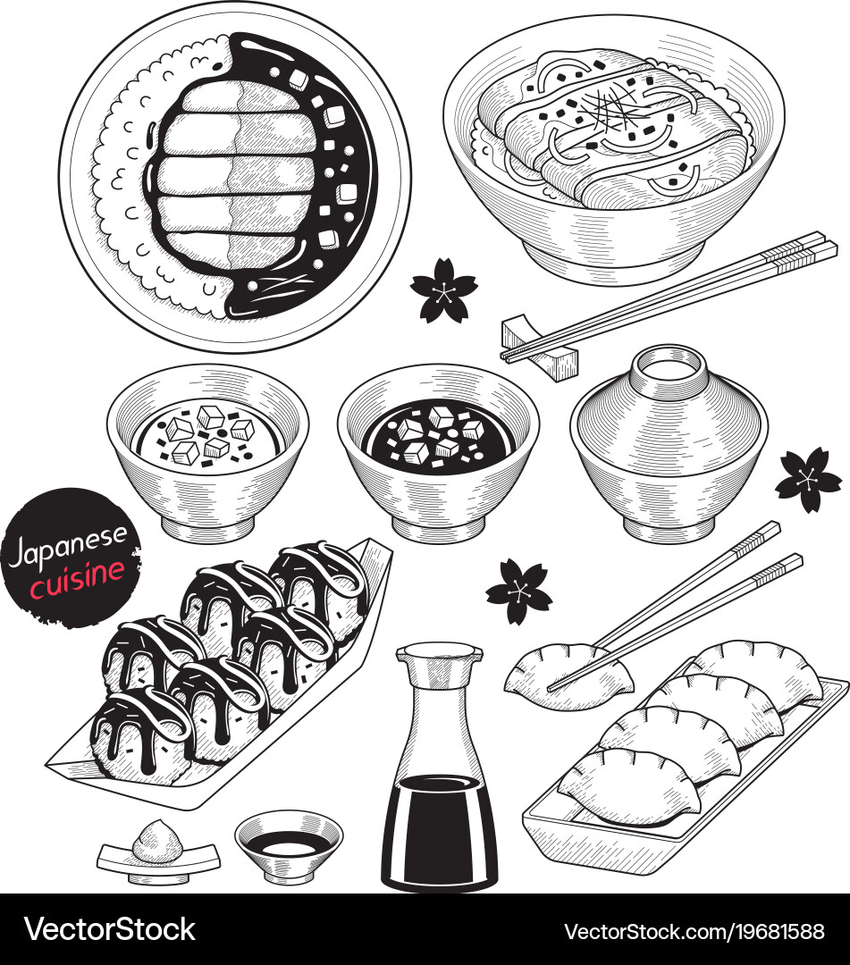 Japan food doodle elements hand drawn style Vector Image