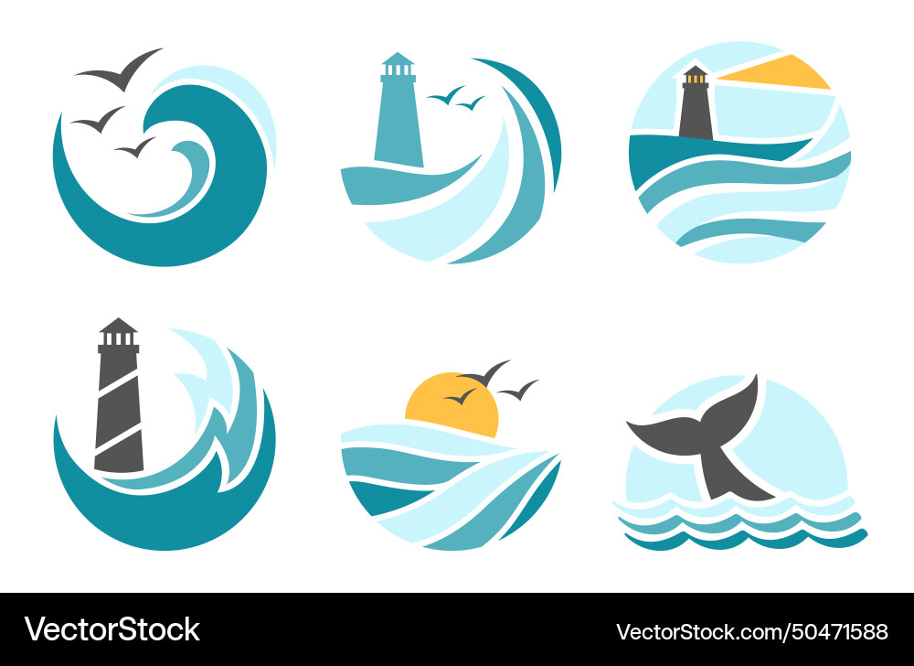 Ocean emblem sea waves with seagulls lighthouse Vector Image