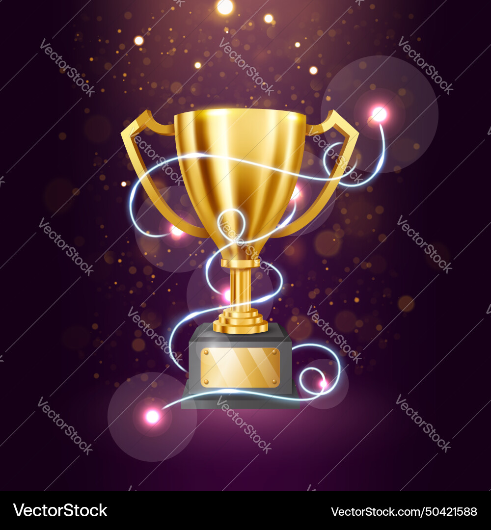 Realistic golden trophy with blue light in motion Vector Image