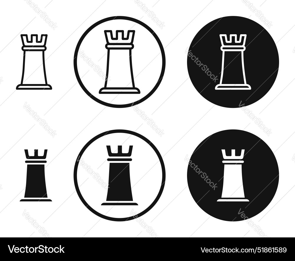 Chess rook icon set in black and white outlines Vector Image