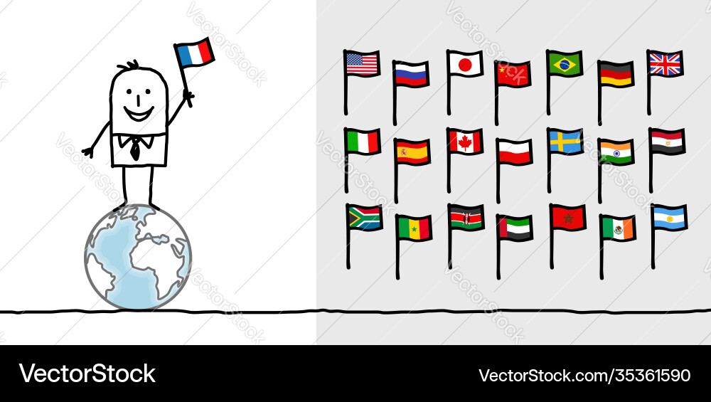 Cartoon man on globe with international flags Vector Image