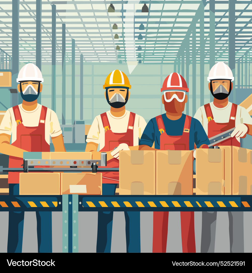 Four workers protective gear factory assembly line