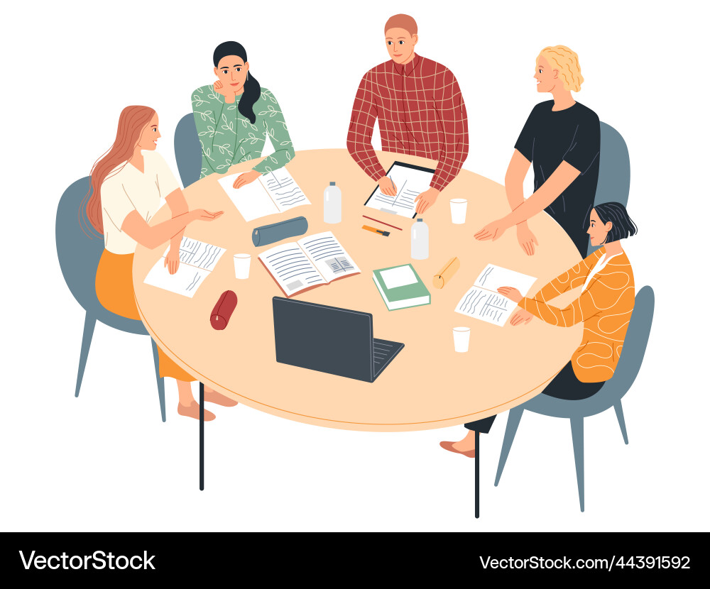 Group of students at the table studying learning Vector Image