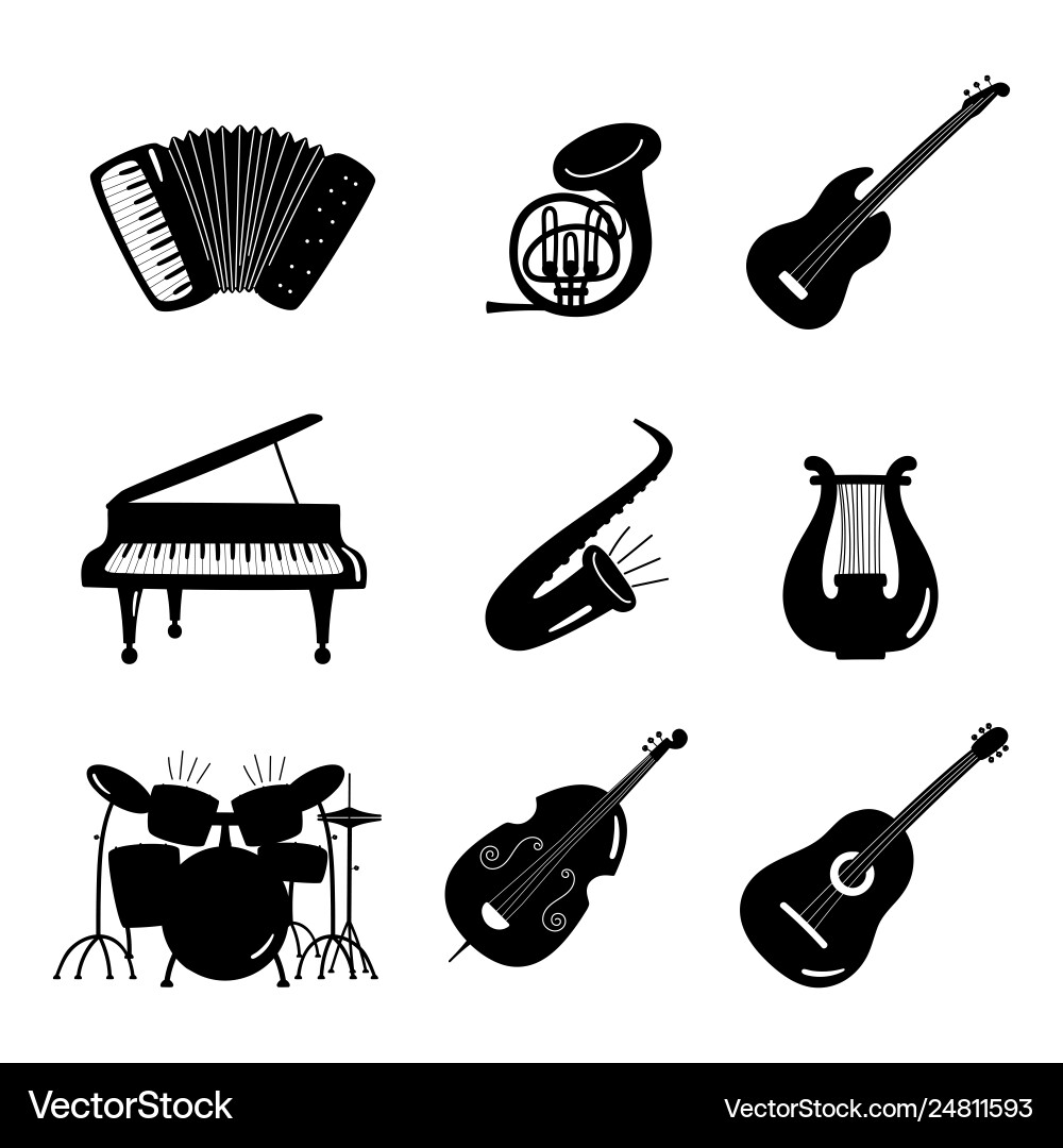 Black & White Music Instrument Icons Vector Image