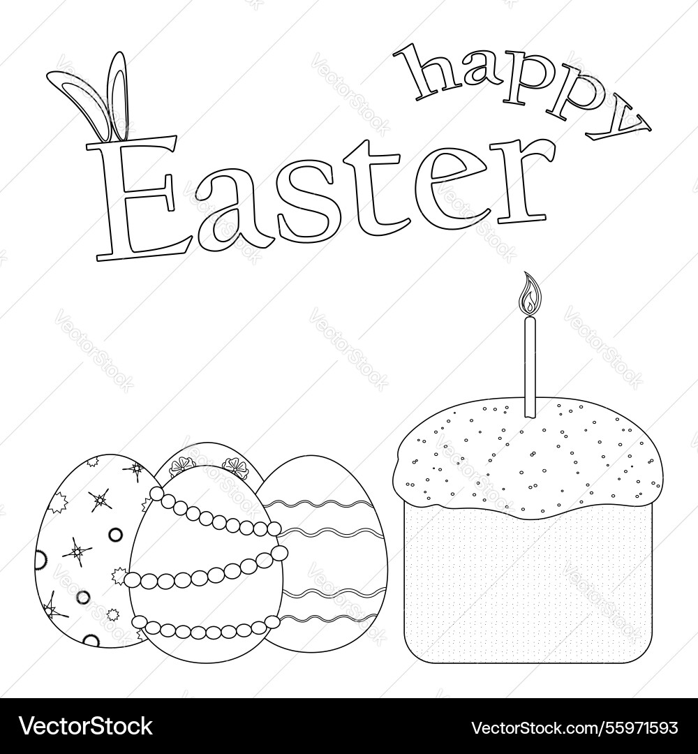 Easter coloring page with eggs cake and greeting Vector Image