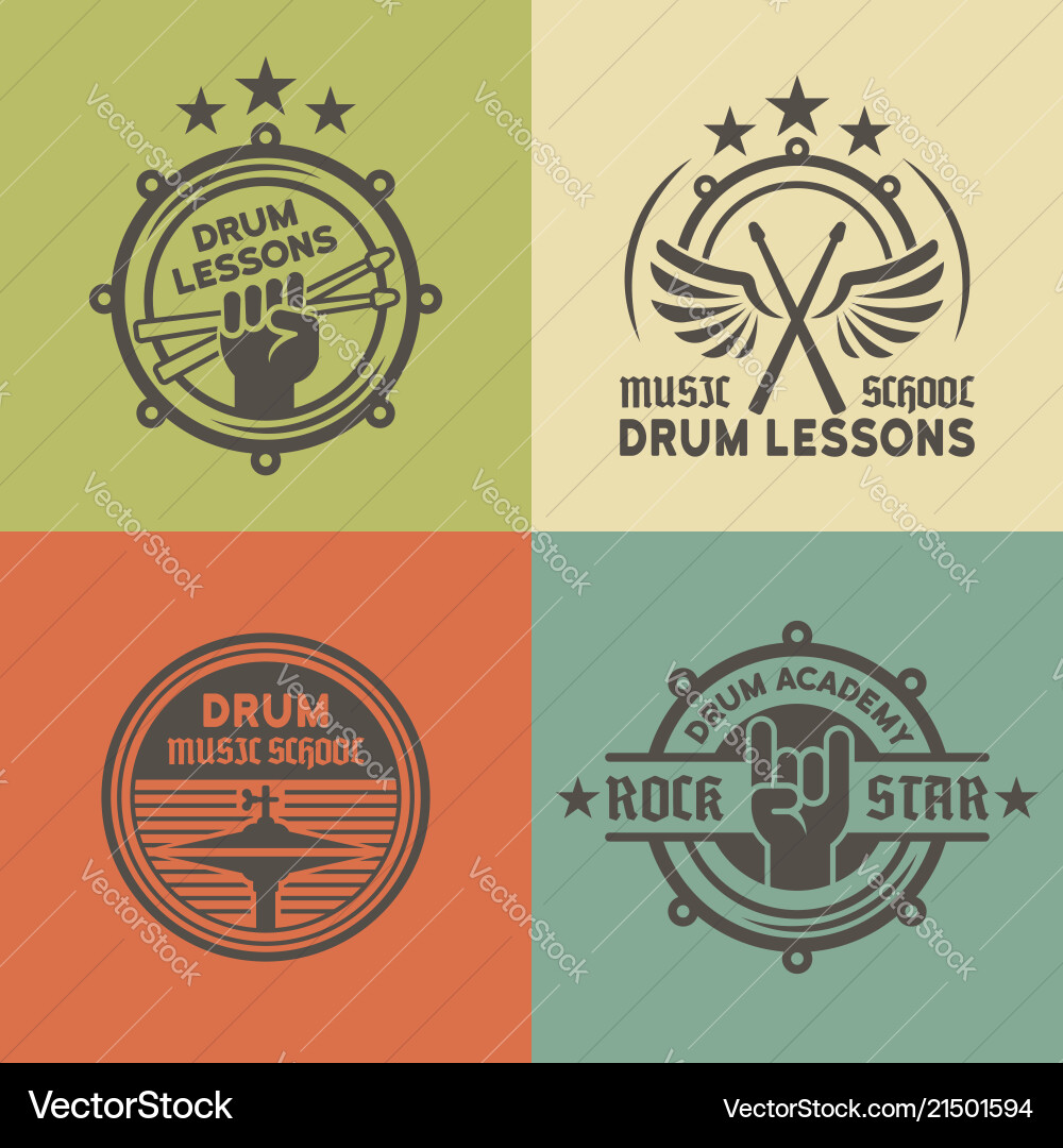 Drum school or academy colored emblems Royalty Free Vector