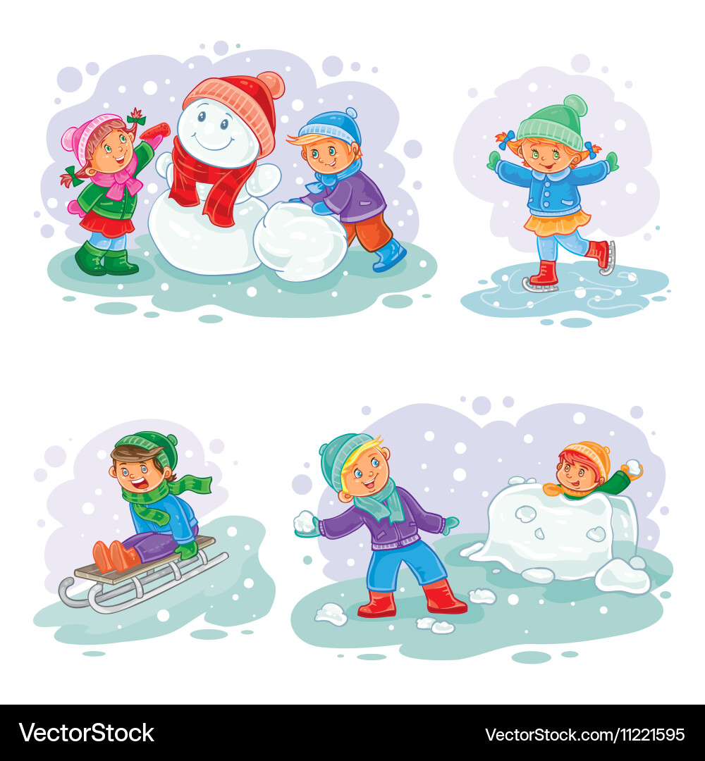 Set winter icons with little children Royalty Free Vector