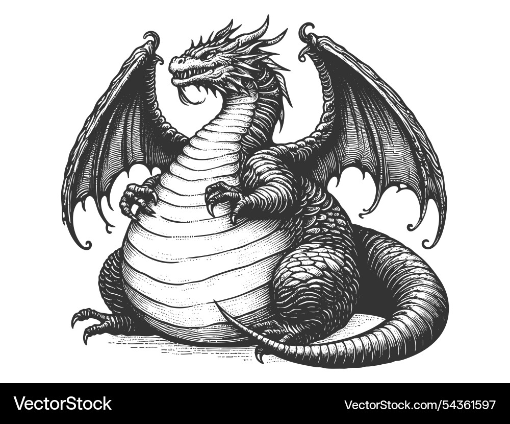 Chubby fat dragon engraving Royalty Free Vector Image