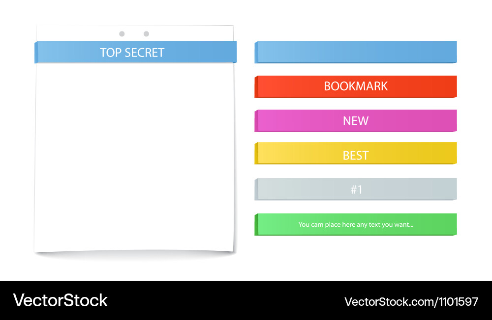 Color bookmarks set and paper sheet Royalty Free Vector