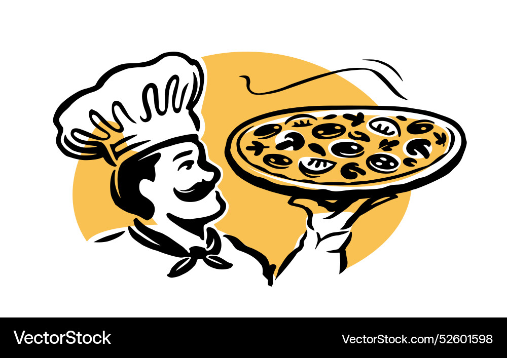 Chef cook holding pizza emblem or logo design Vector Image