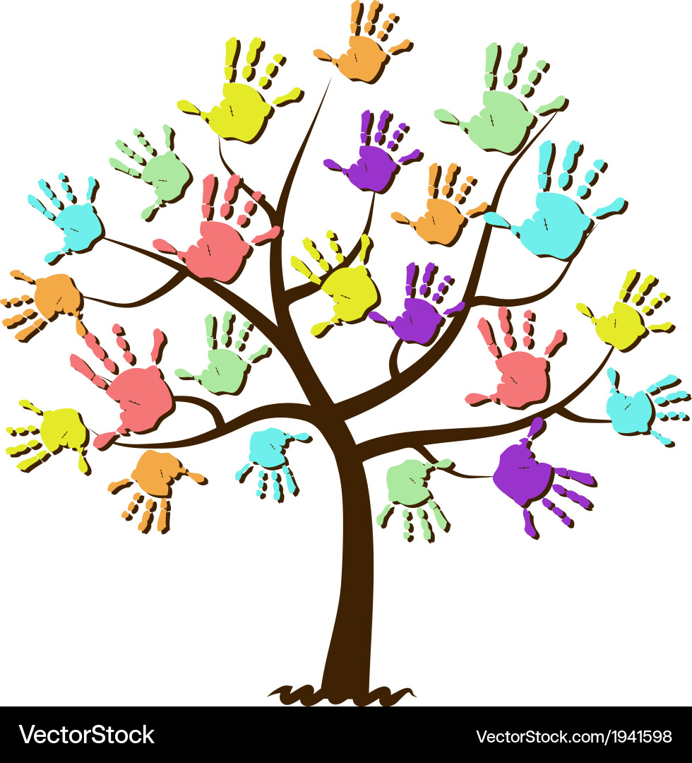 Children hand prints united in tree Royalty Free Vector