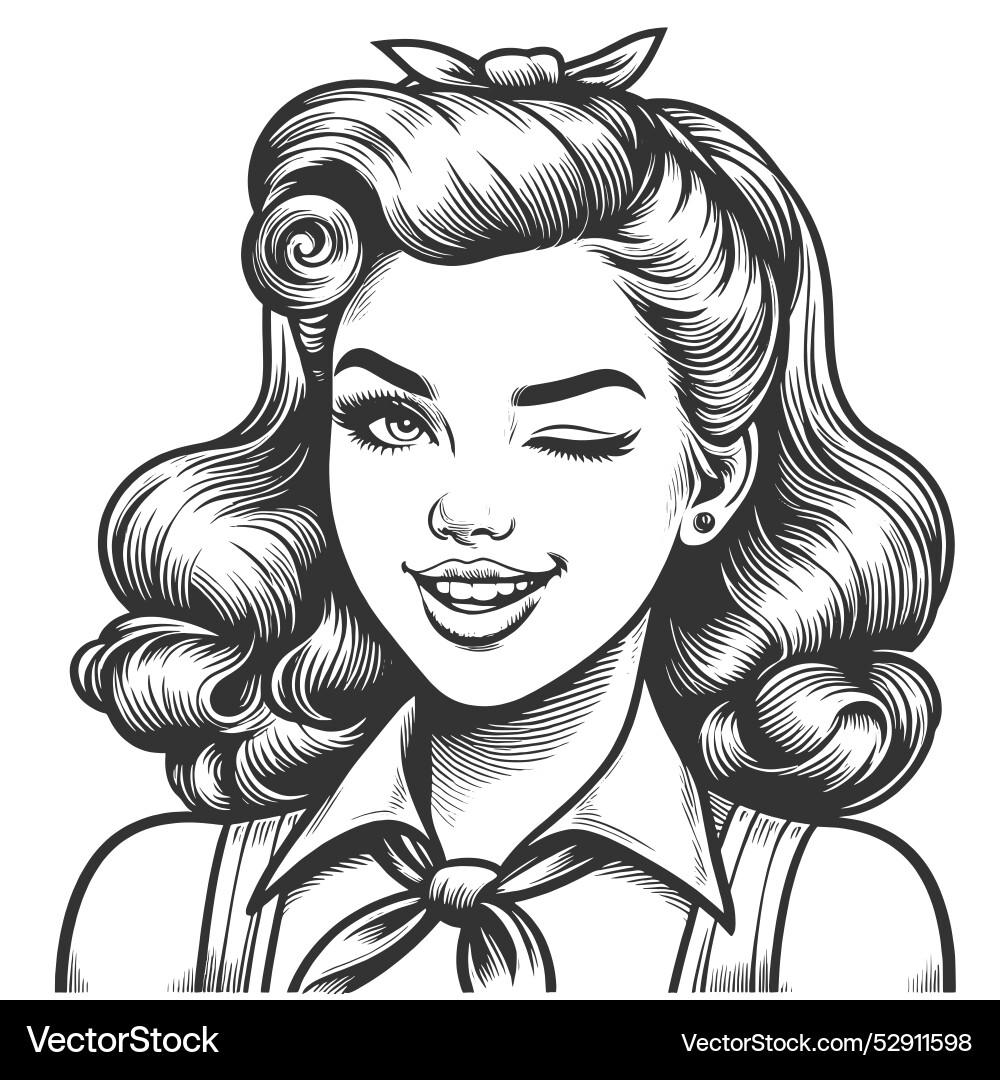 Pin-up woman winking engraving Royalty Free Vector Image