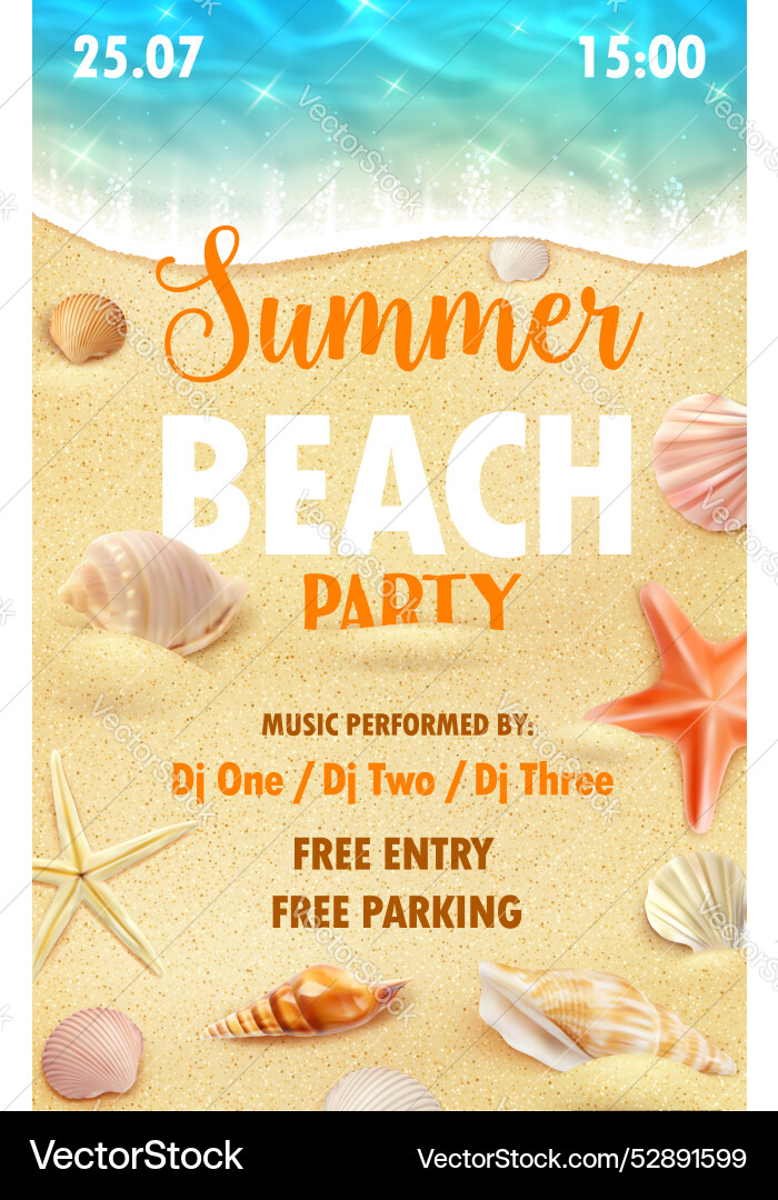 Summer beach party flyer with shell Royalty Free Vector