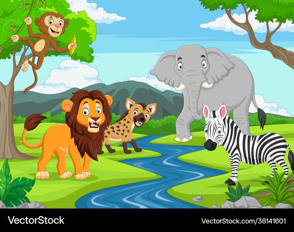 Cartoon wild animals in jungle Royalty Free Vector Image