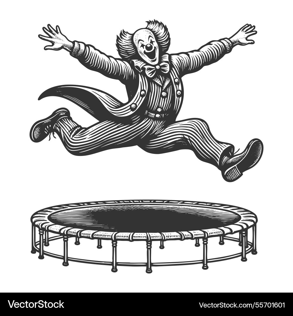 Clown jumping on trampoline engraving Royalty Free Vector