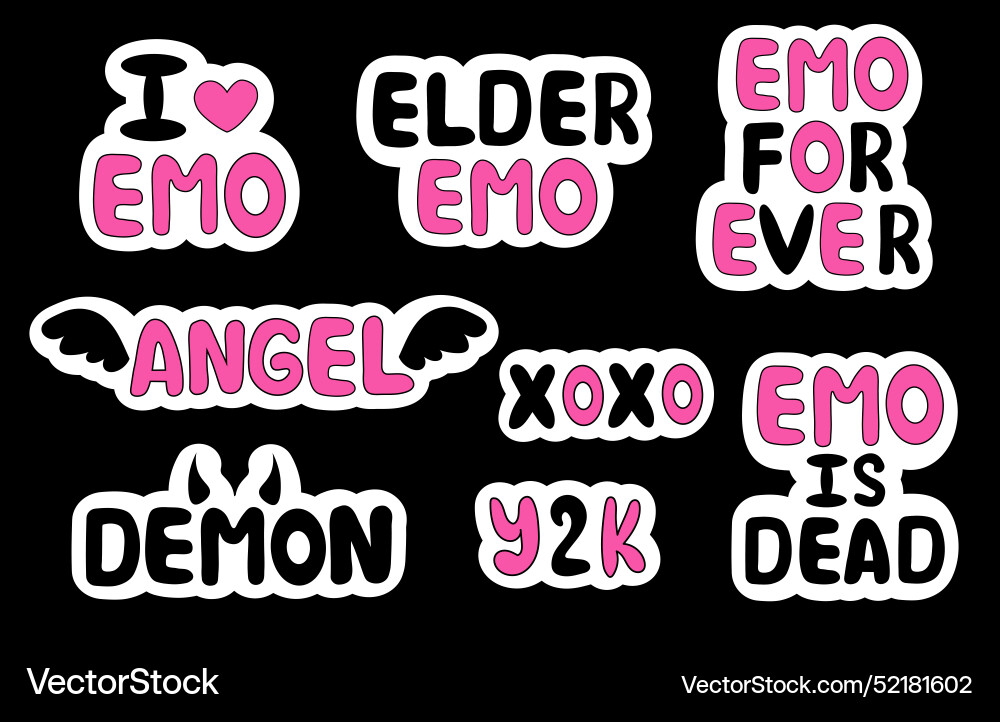 Set of emo stickers y2k style lettering Royalty Free Vector